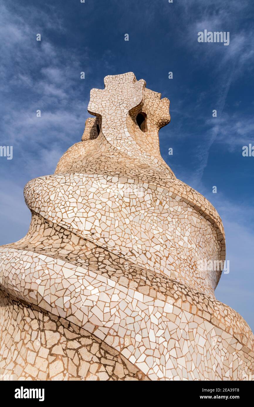 Tiled chimney on the rooftop, Casa Mila or La Pedrera, Barcelona ...