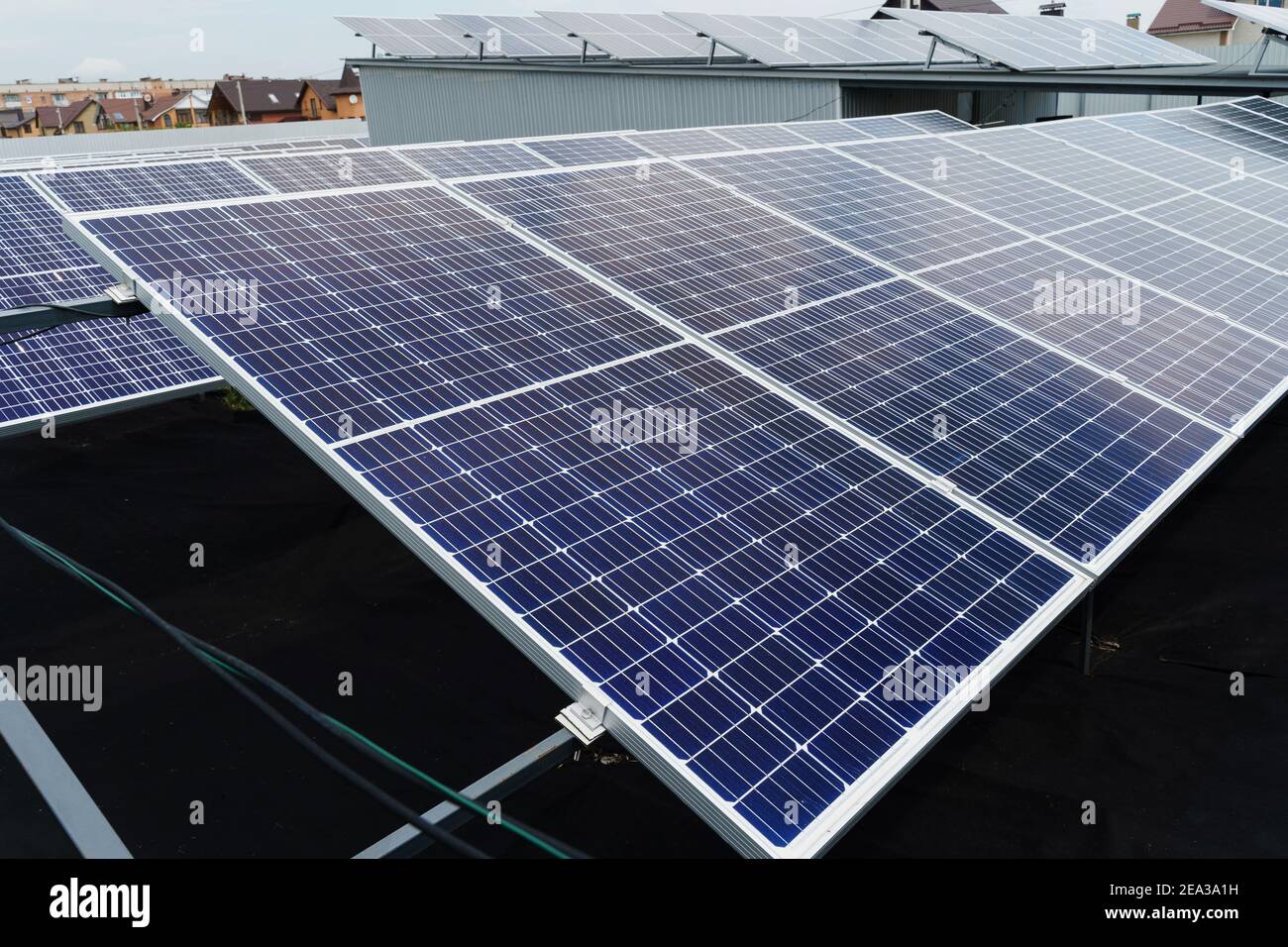 Sun solar panels on the ground with sun shine right side. Banner photo ...