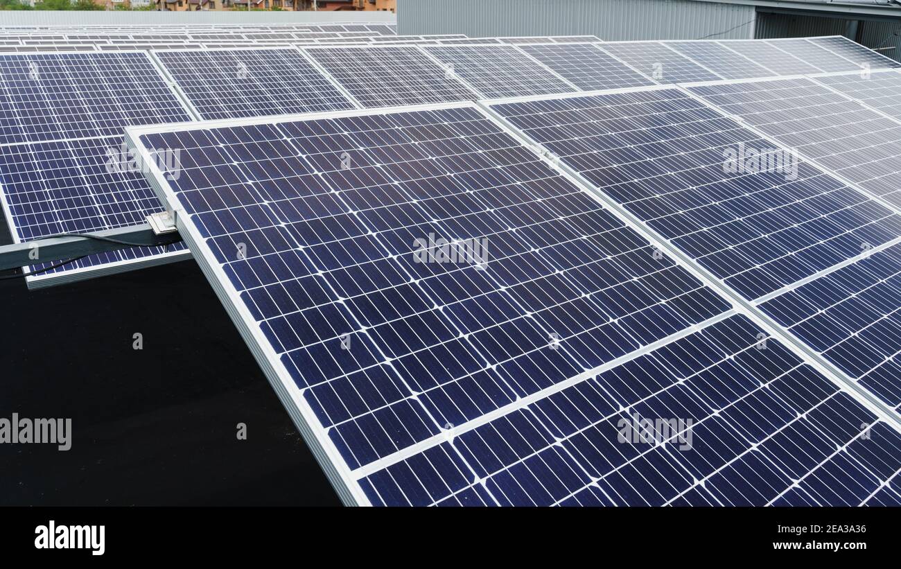 Sun solar cells on the ground. Alternative solar panels power plant ...