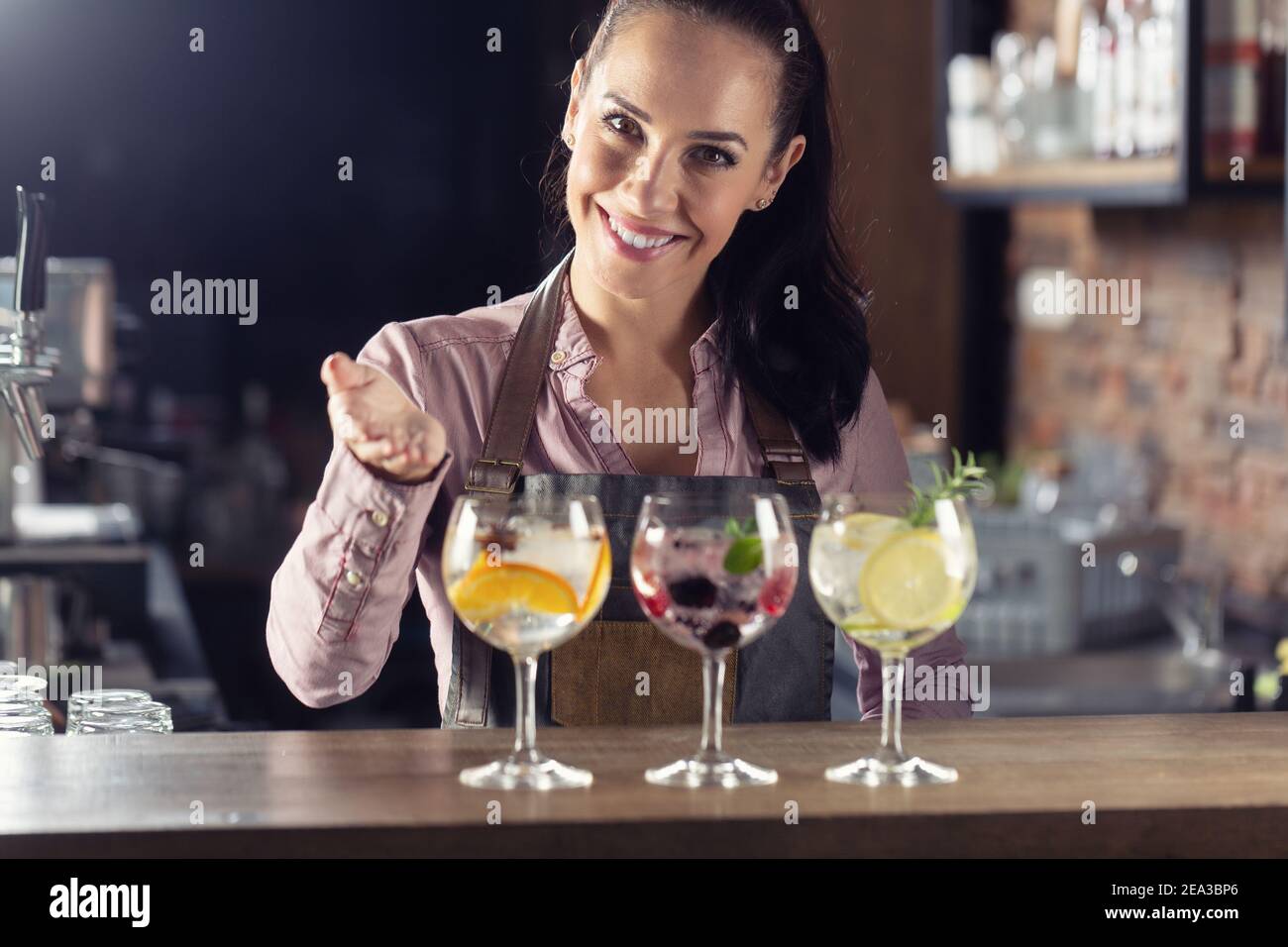 Bartender offers selection of various gin tonic drinks served on a bar ...