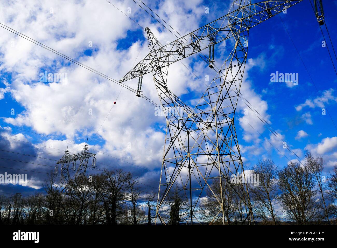 Electric poles, Jonage canal, Rhone, AURA Region, France Stock Photo ...