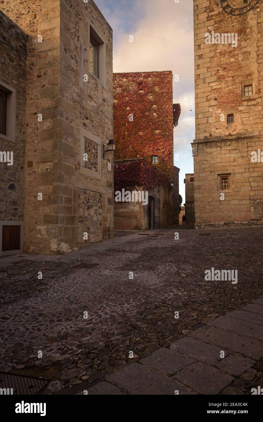 Street of the monumental old town of Cáceres city at sunset, UNESCO ...