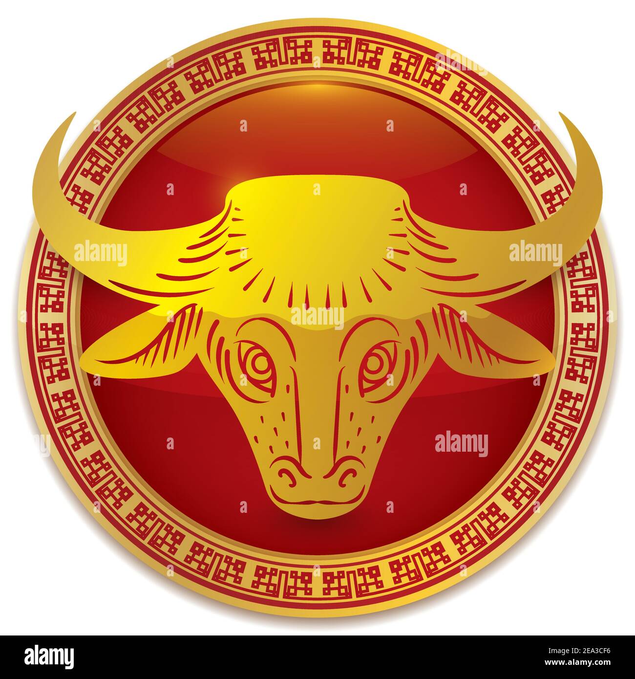 Chinese Zodiac golden ox head over red button, decorated with Chinese ...