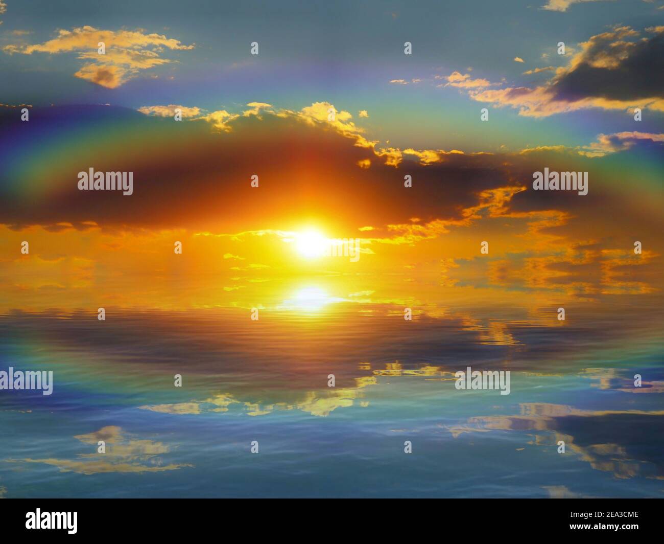 Natural background with rainbow and stormy clouds in sea reflection ...