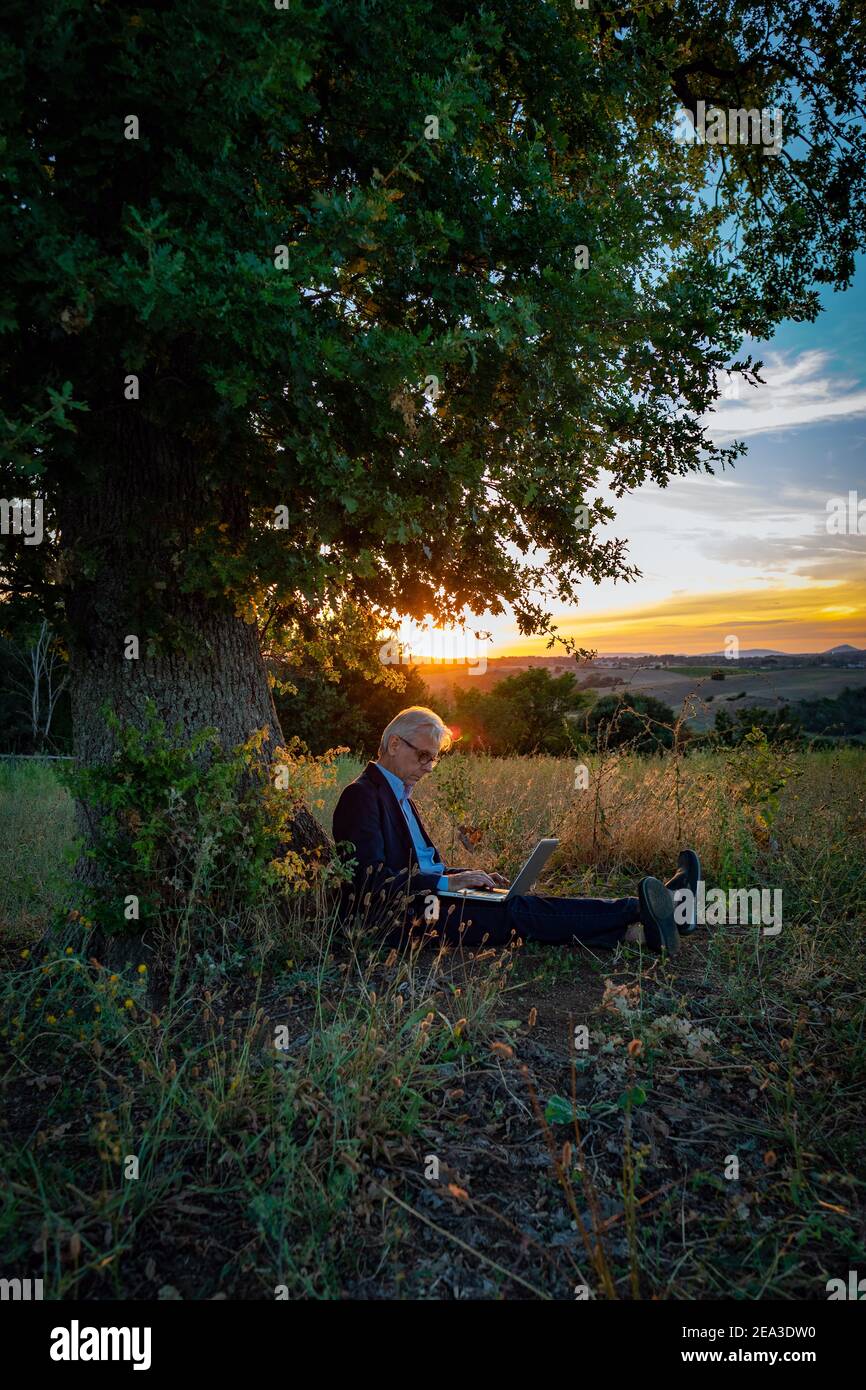 Senior man sitting under tree hi-res stock photography and images - Alamy