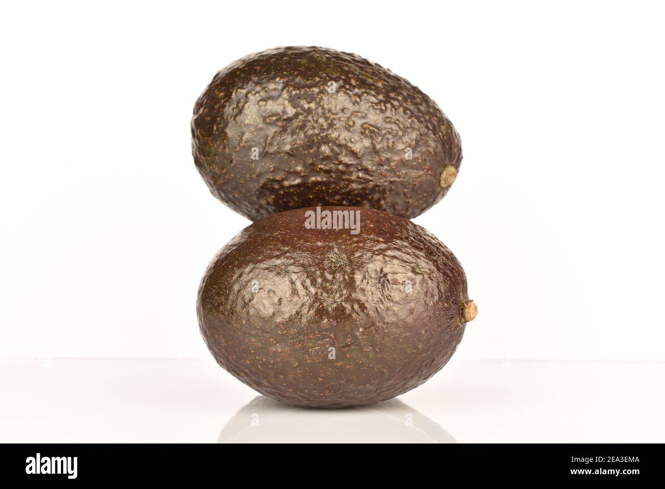 Two whole dark green rounded ripe delicious nutritious avocados on a ...