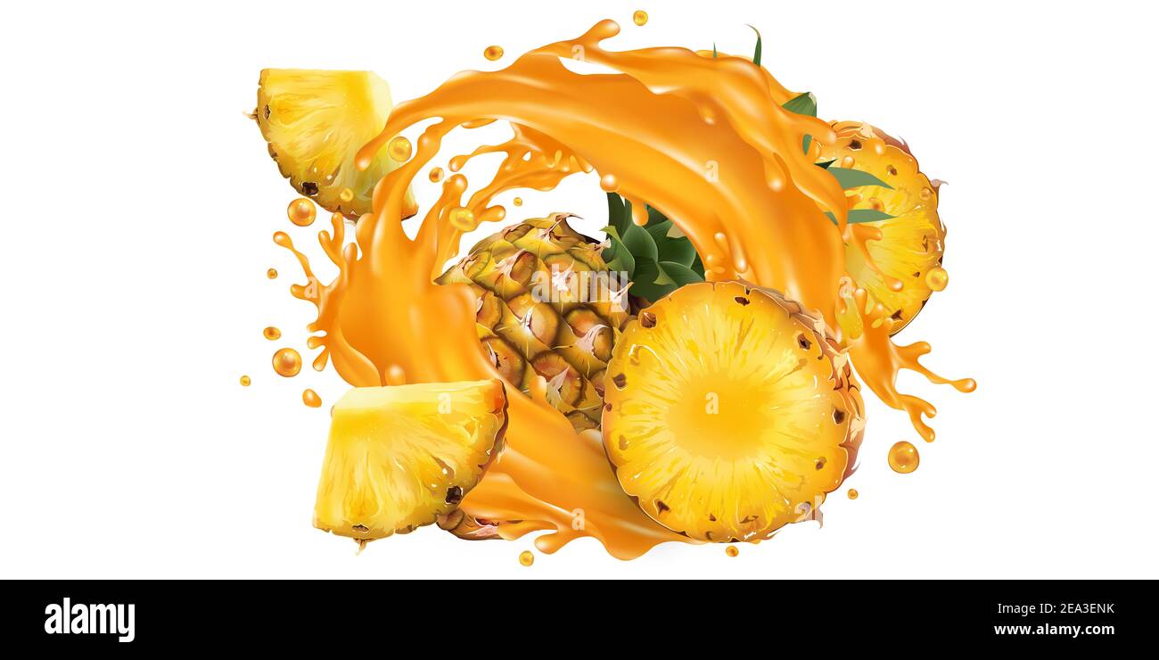 Whole and sliced pineapple in a juice splash Stock Photo - Alamy