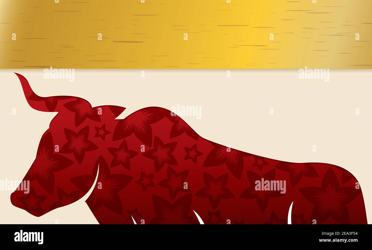 Template with red ox silhouette with floral background and golden label ...