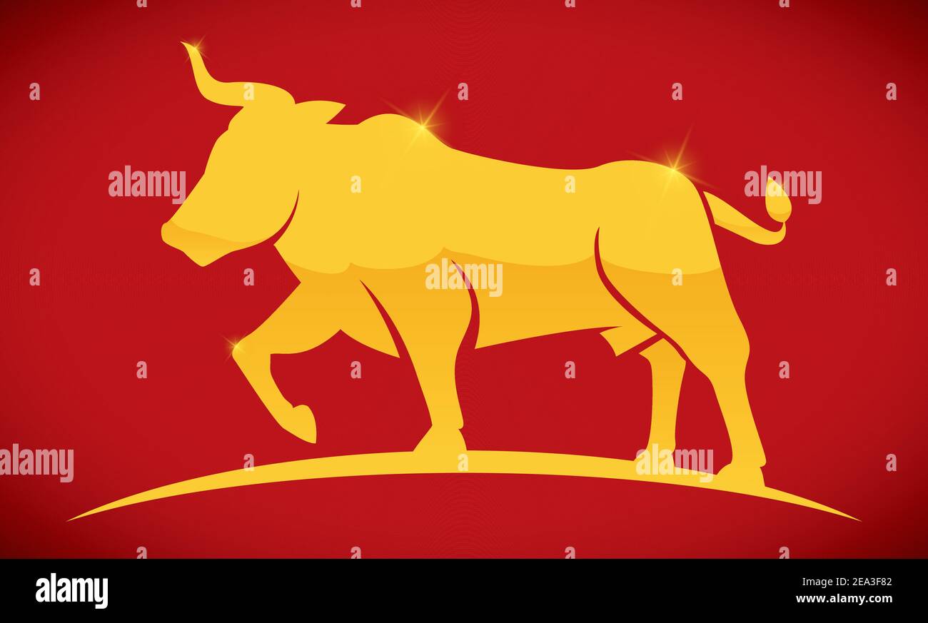 Golden and glossy ox silhouette with glows over red background Stock ...