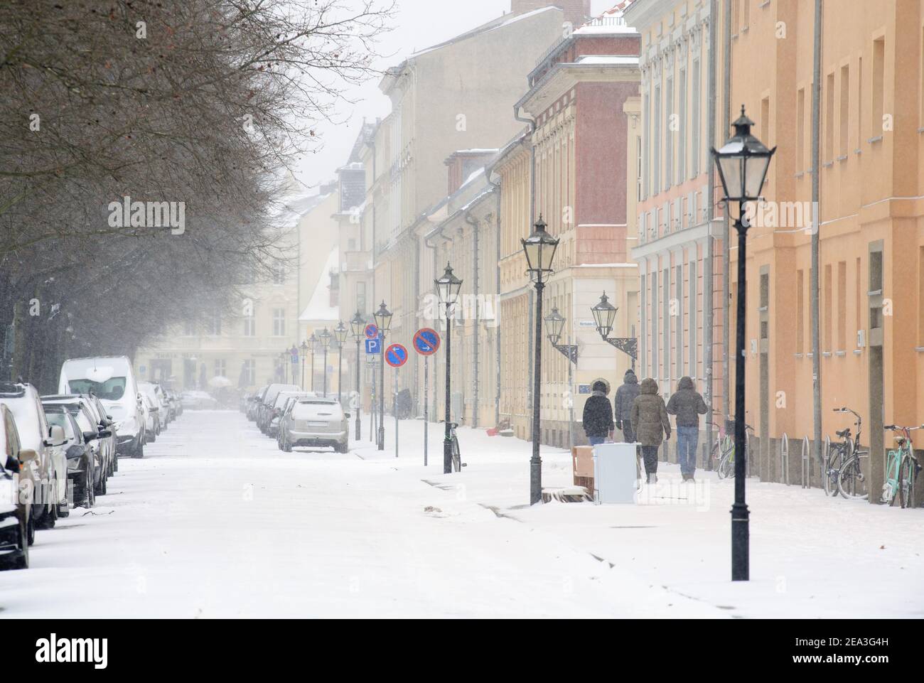 Potsdam, Germany. 07th Feb, 2021. Snow lies on the Hegelallee and the ...