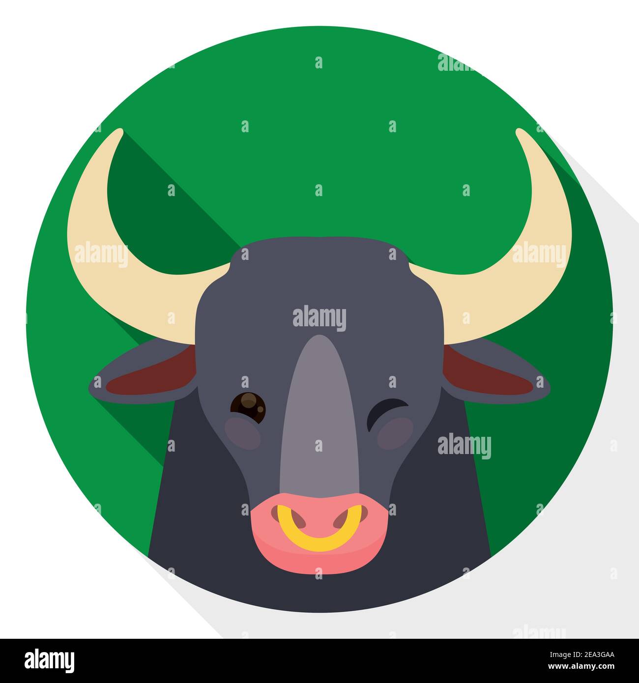 Cute ox head winking at you over green round button in flat style and ...