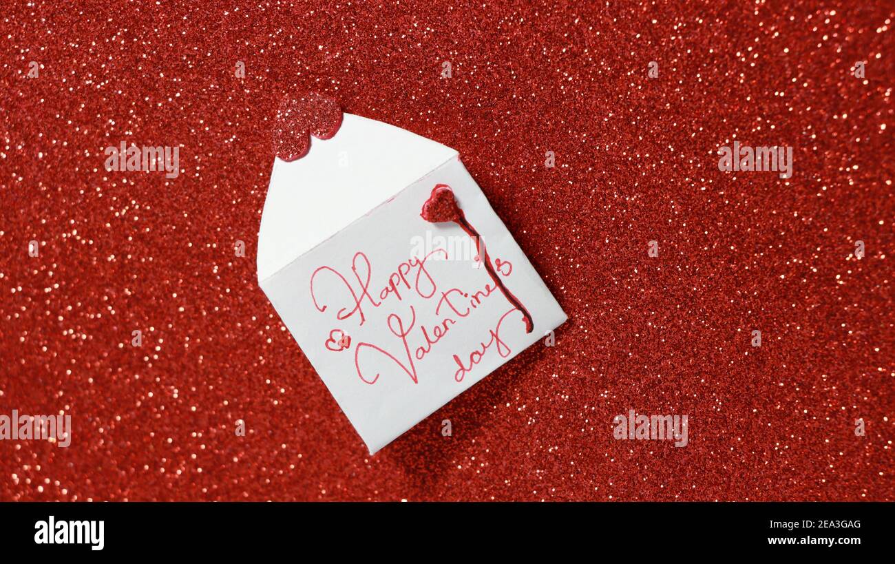 Valentines Day greeting concept ,Open Envelope with red hearts on red ...