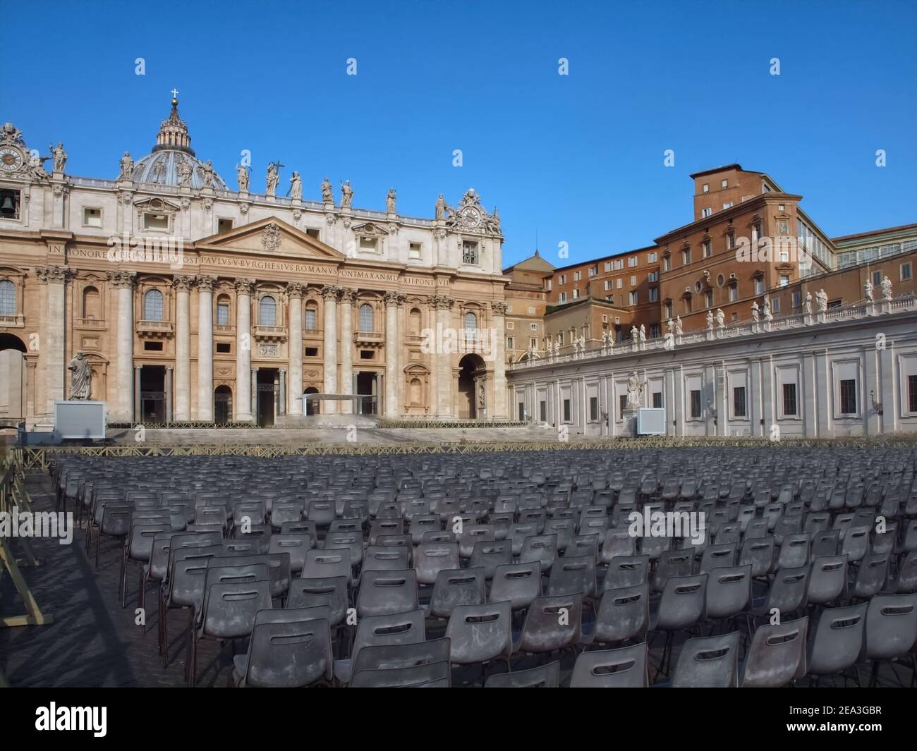 Empty St. Peters square with Saint Peter basilica in Rome in Italy with ...