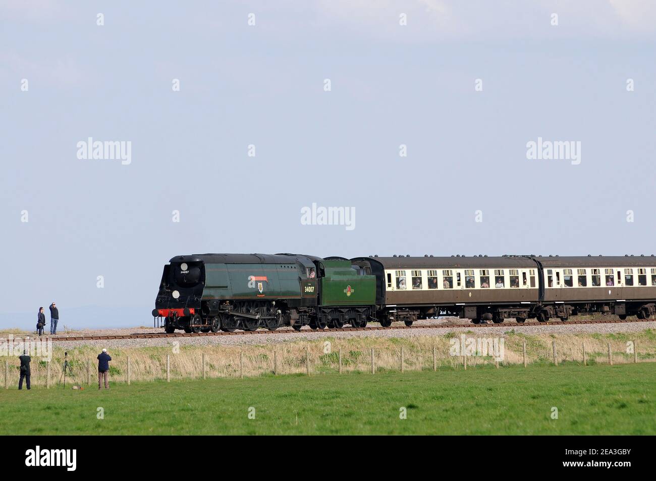 "Wadebridge" leaving Blue Anchor with a Bishops Lydeard - Minehead train Stock Photo - Alamy