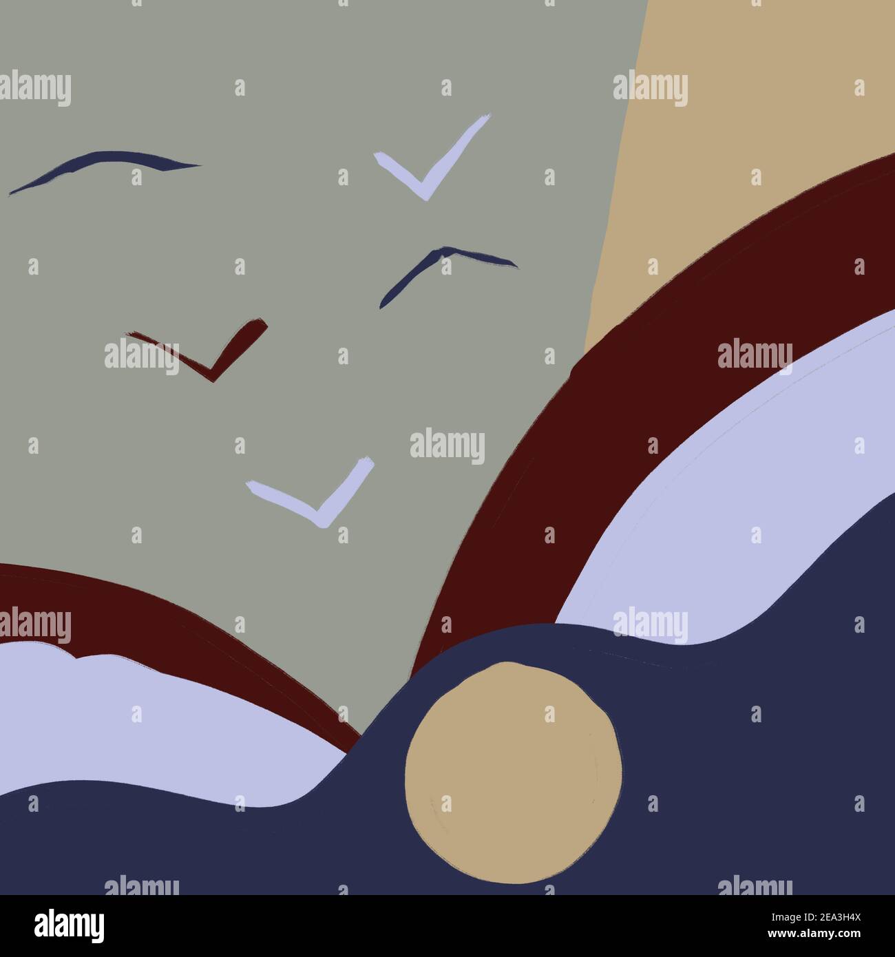 Seamless abstract cubism birds landscape pattern with simple shapes ...