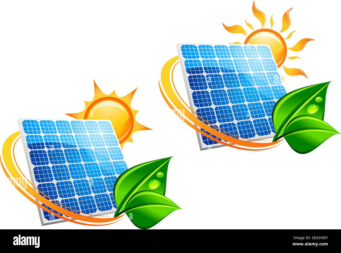 Solar energy panel icons with sun and green leaves for ecology concept ...