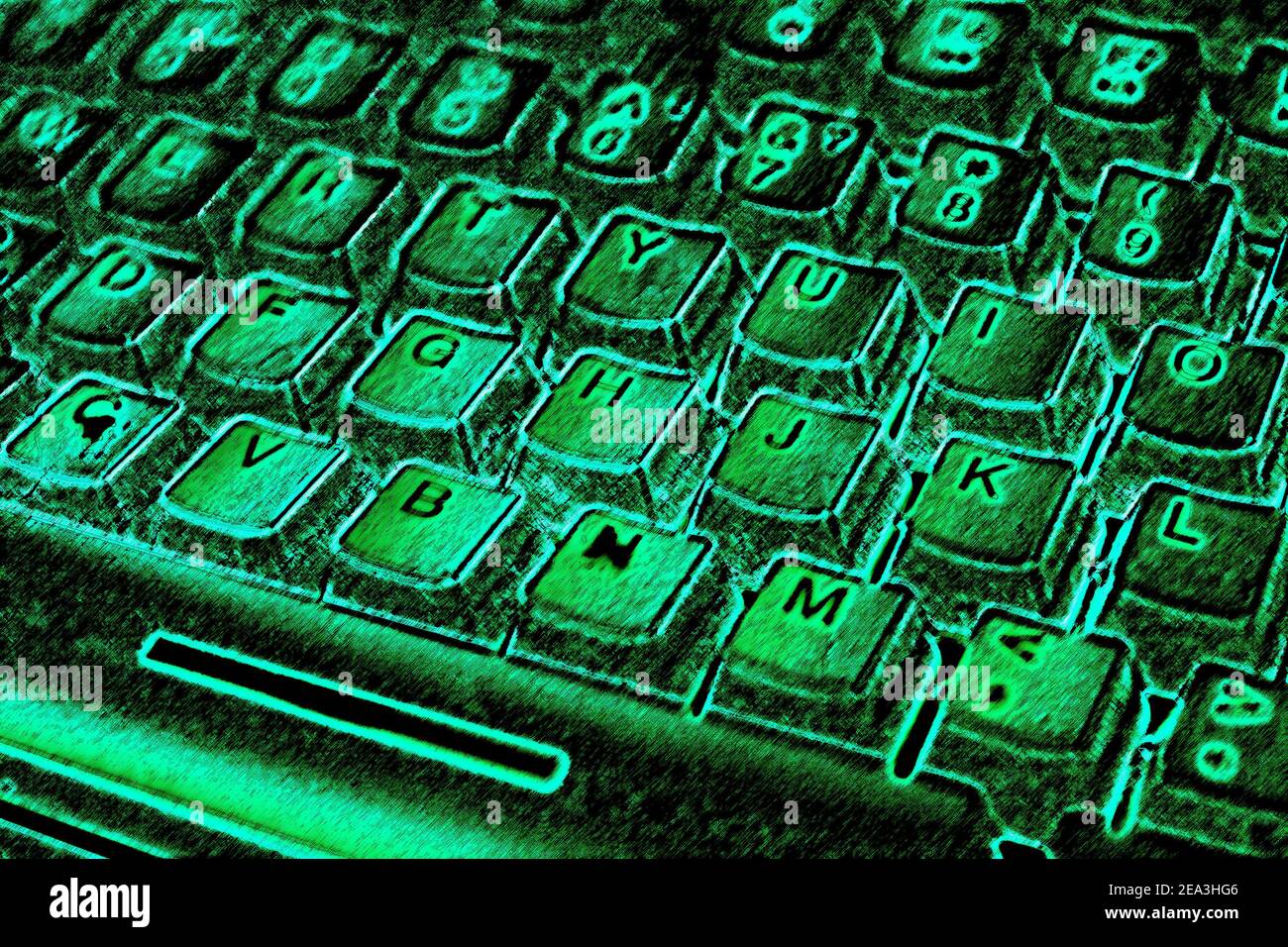 Abstract illustration of black and green computer keyboard, cyberspace ...