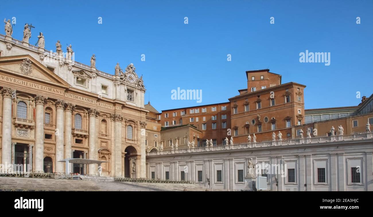 Empty St. Peters square with Saint Peter basilica in Rome in Italy with ...