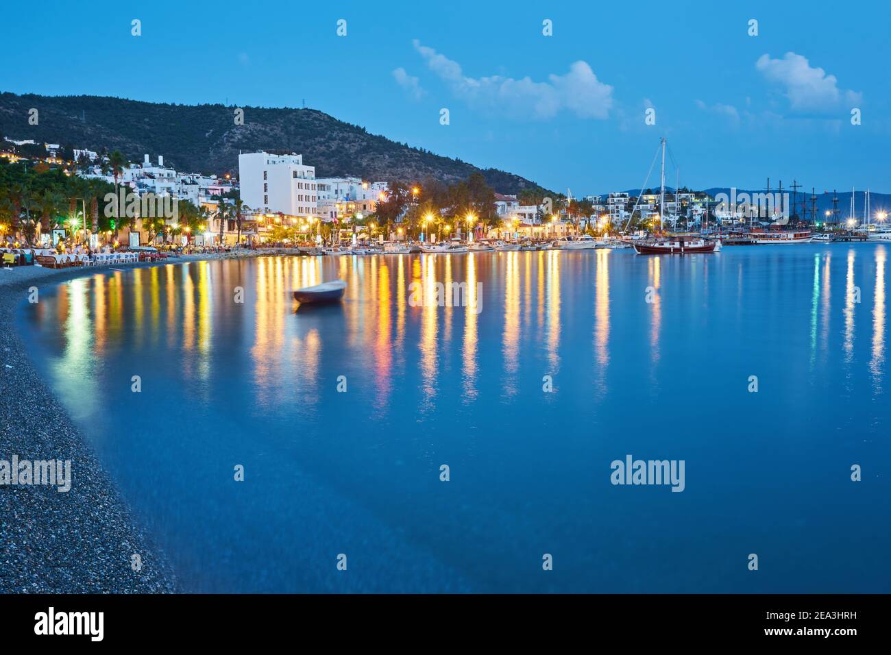 Bodrum night cityscape. Panoramic view over the bay in Bodrum, Turkey ...