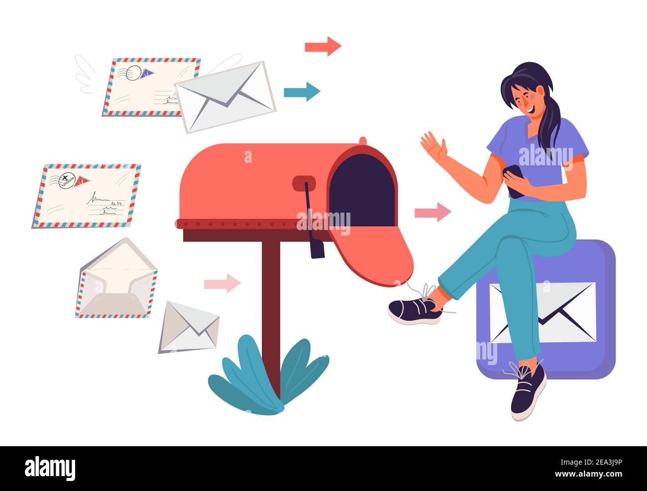 Mail service and post correspondence delivery concept with woman ...