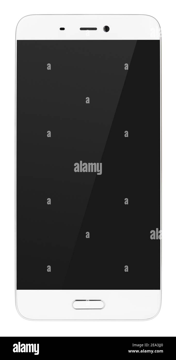Front view of modern white smartphone with empty black screen isolated ...