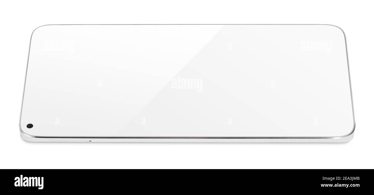 Modern white smartphone with white touch screen lying down horizontal ...