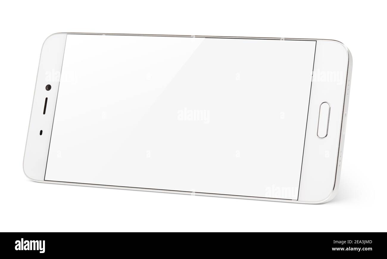 Modern white smartphone with white touch screen standing on the side ...