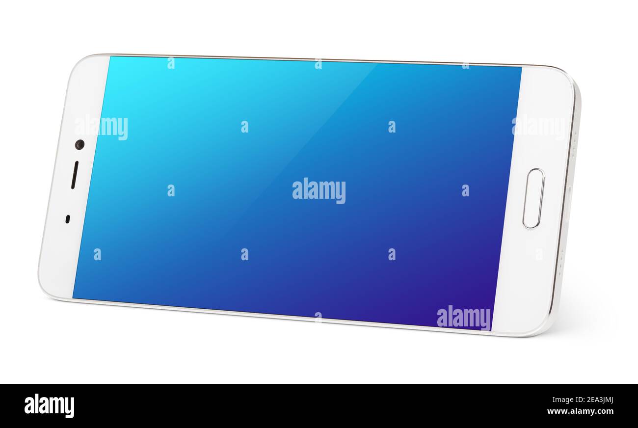 Modern white smartphone with blue touch screen standing on the side ...