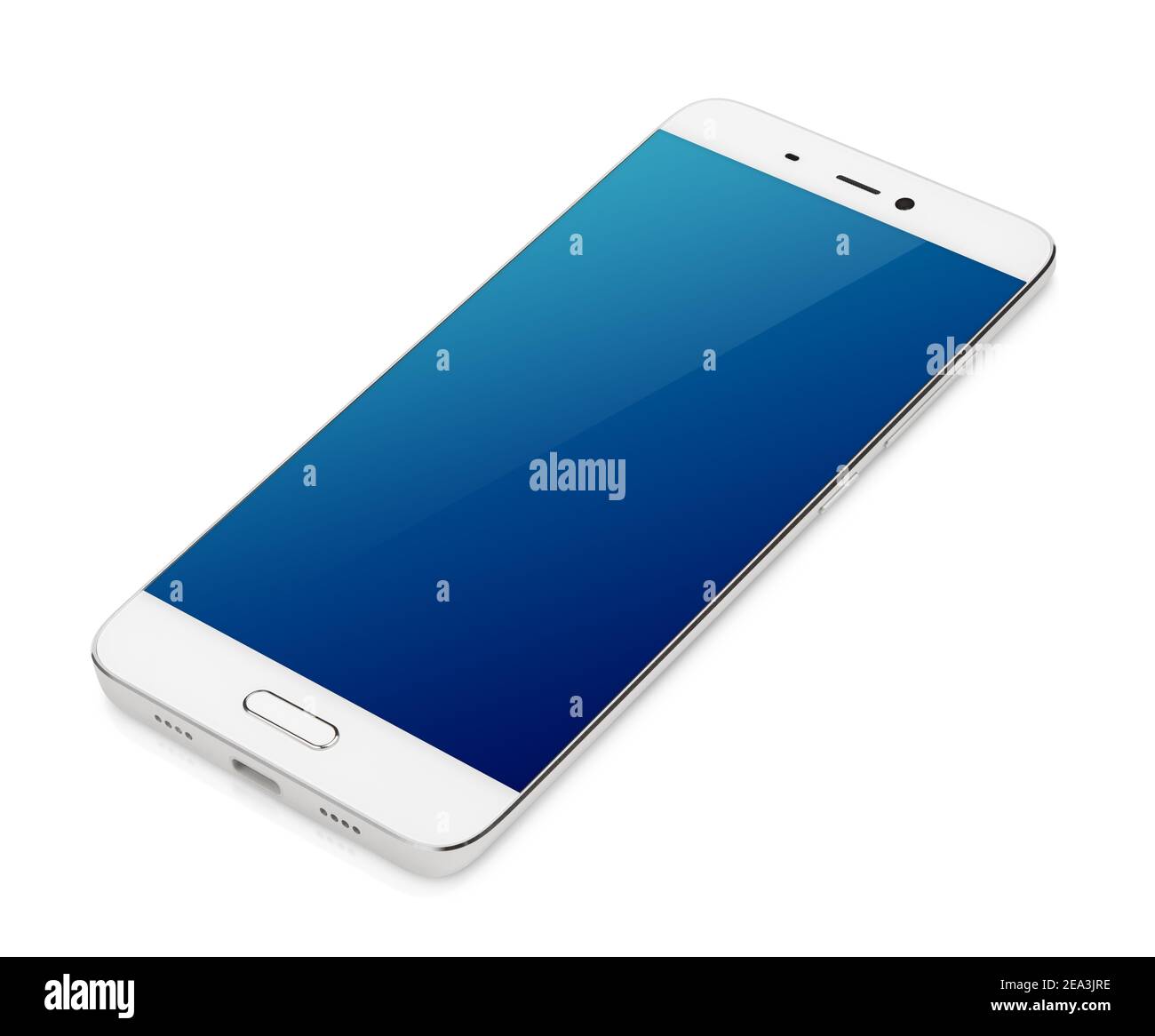 Modern white smartphone with blue screen lying isolated on white ...