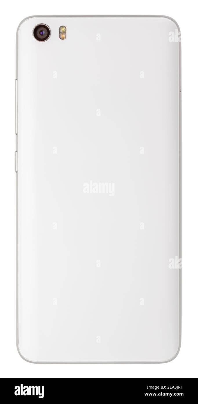 Back view of modern white smartphone with camera and flash isolated on ...
