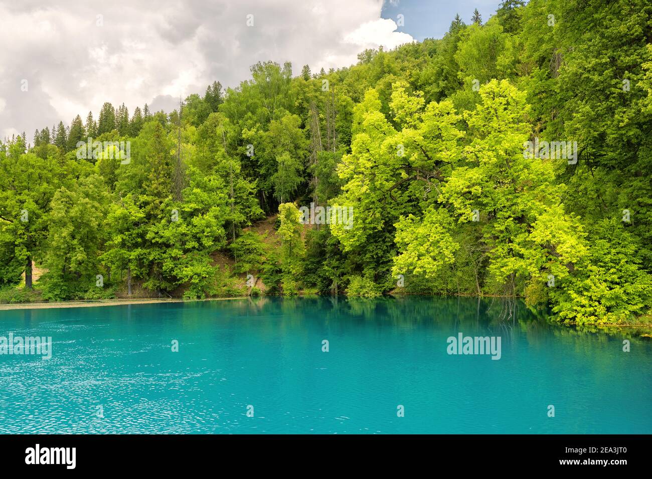 Calm blue lake and emerald green forest. Nature destinations Stock ...