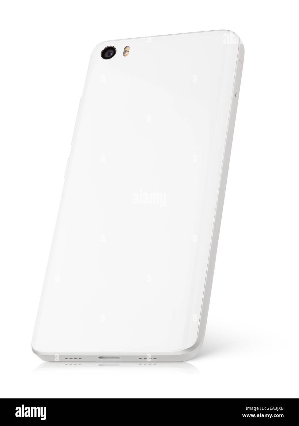 Back view of modern white smartphone with camera and flash stands ...