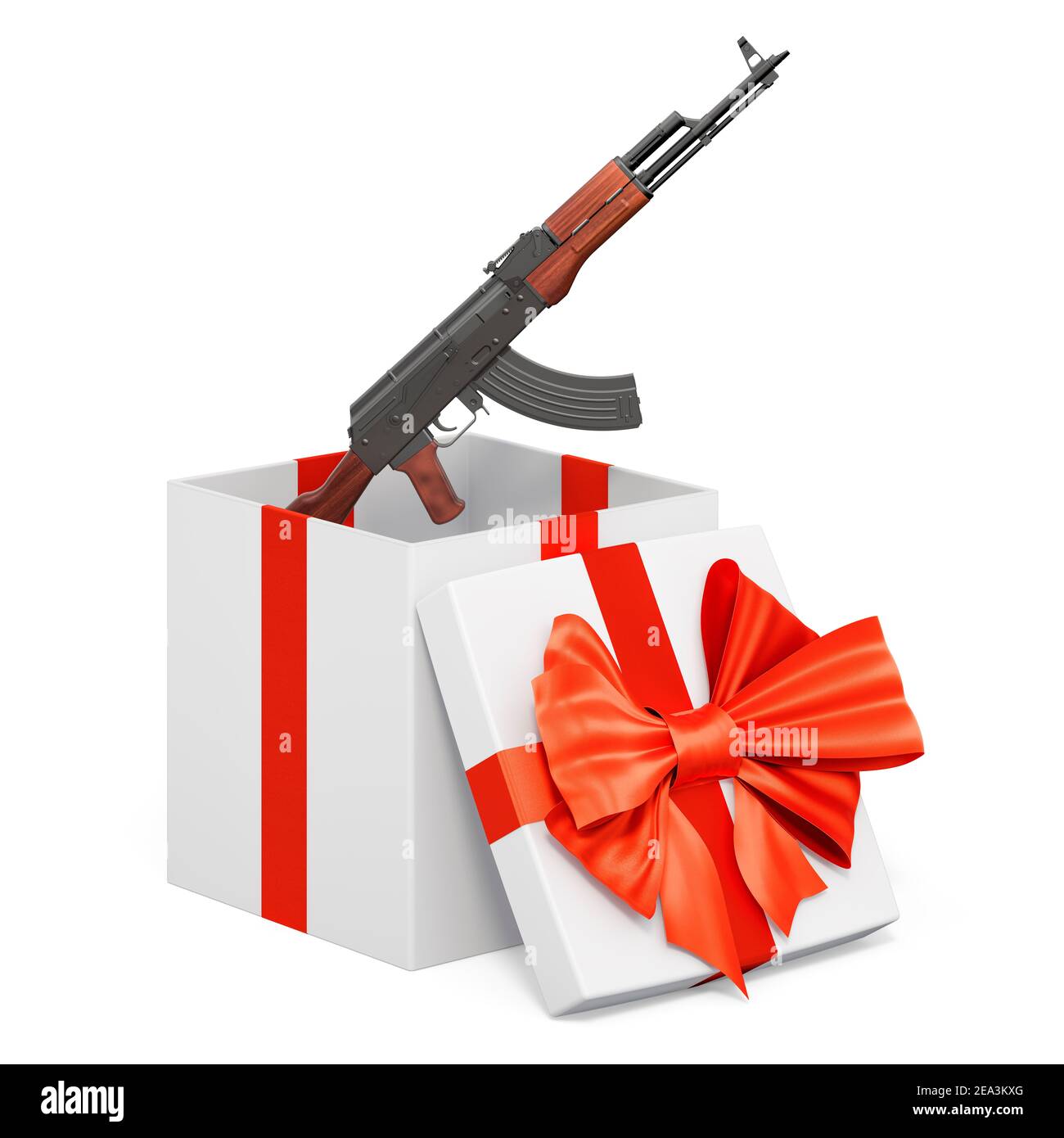 Assault rifle inside gift box, present concept. 3D rendering isolated ...