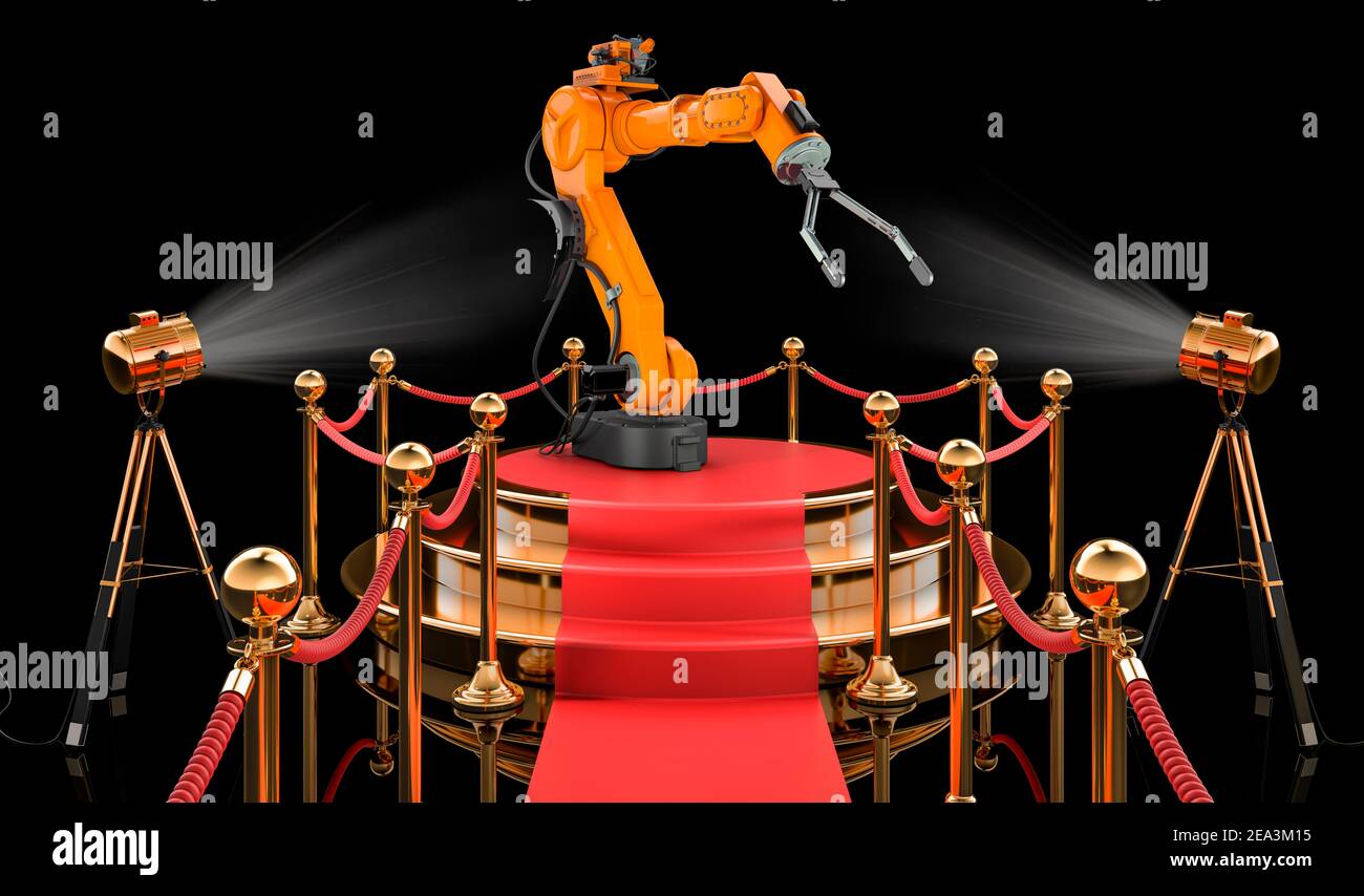 Podium with robotic arm, 3D rendering isolated on black background ...