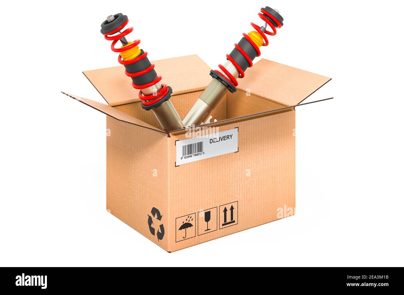 Shock absorber inside cardboard box, delivery concept. 3D rendering ...