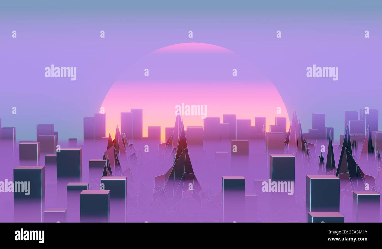 Futuristic evening city with skyscrapers in haze and setting sun, big ...