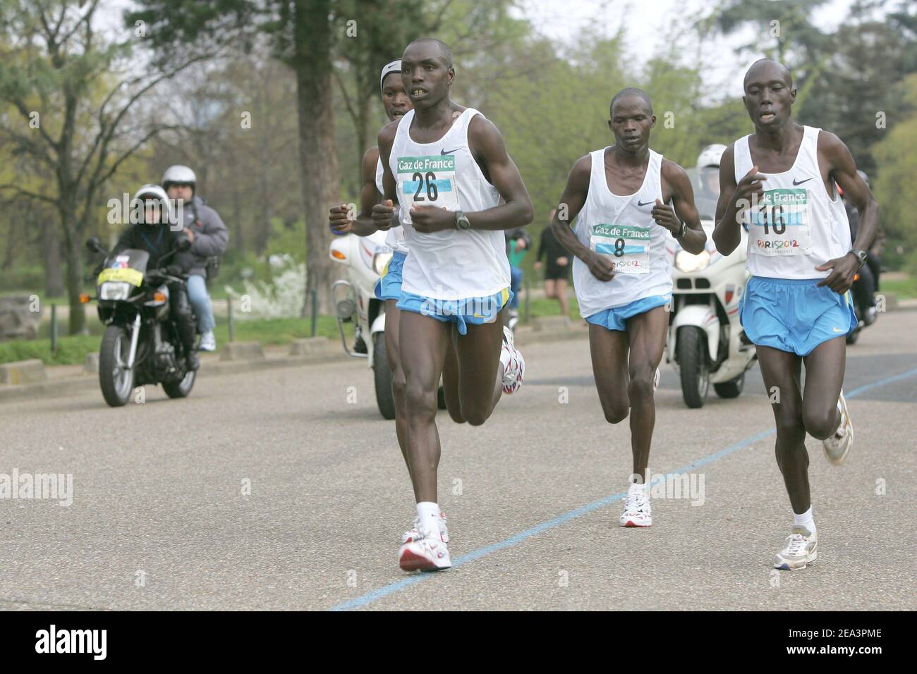Kenyan runner Salim Kipsang and Paul Biwott (2nd)at Marathon in Paris ...