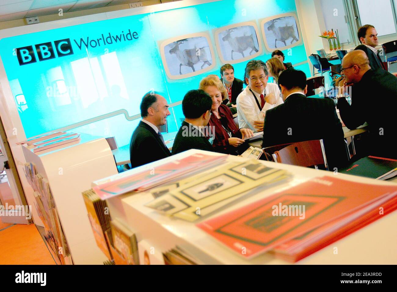 British TV channel BBC stand at MIPTV inside the Palais des Festivals ...