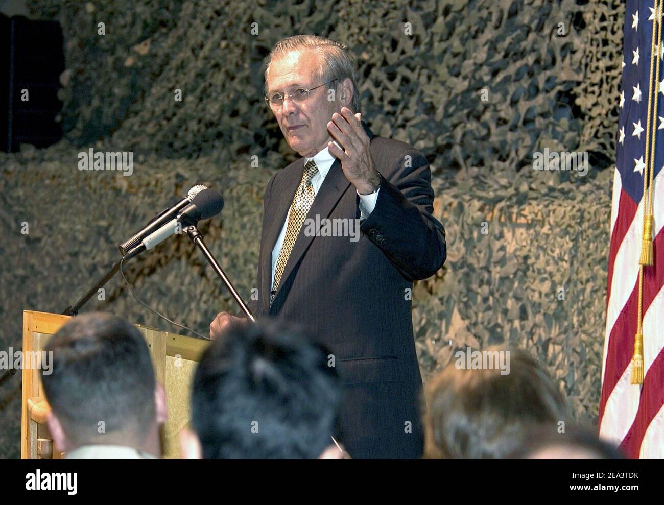 Secretary of Defense, Donald Rumsfeld, meets with the troops at Manas ...