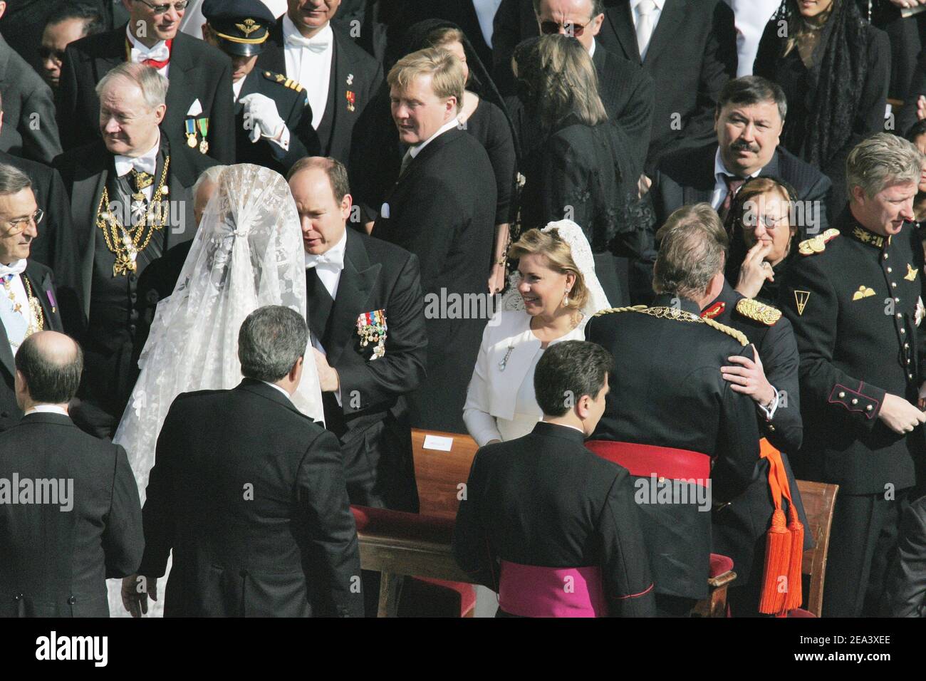 Prince Albert of Monaco salutes Queen Sofia of Spain prior listening to ...