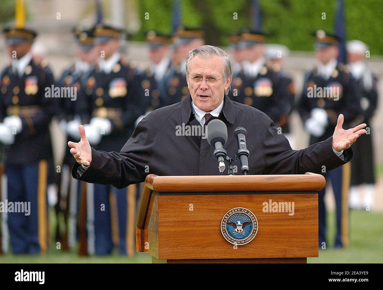 U.S. Secretary of Defence Donald Rumsfeld delivers his speech during a ...