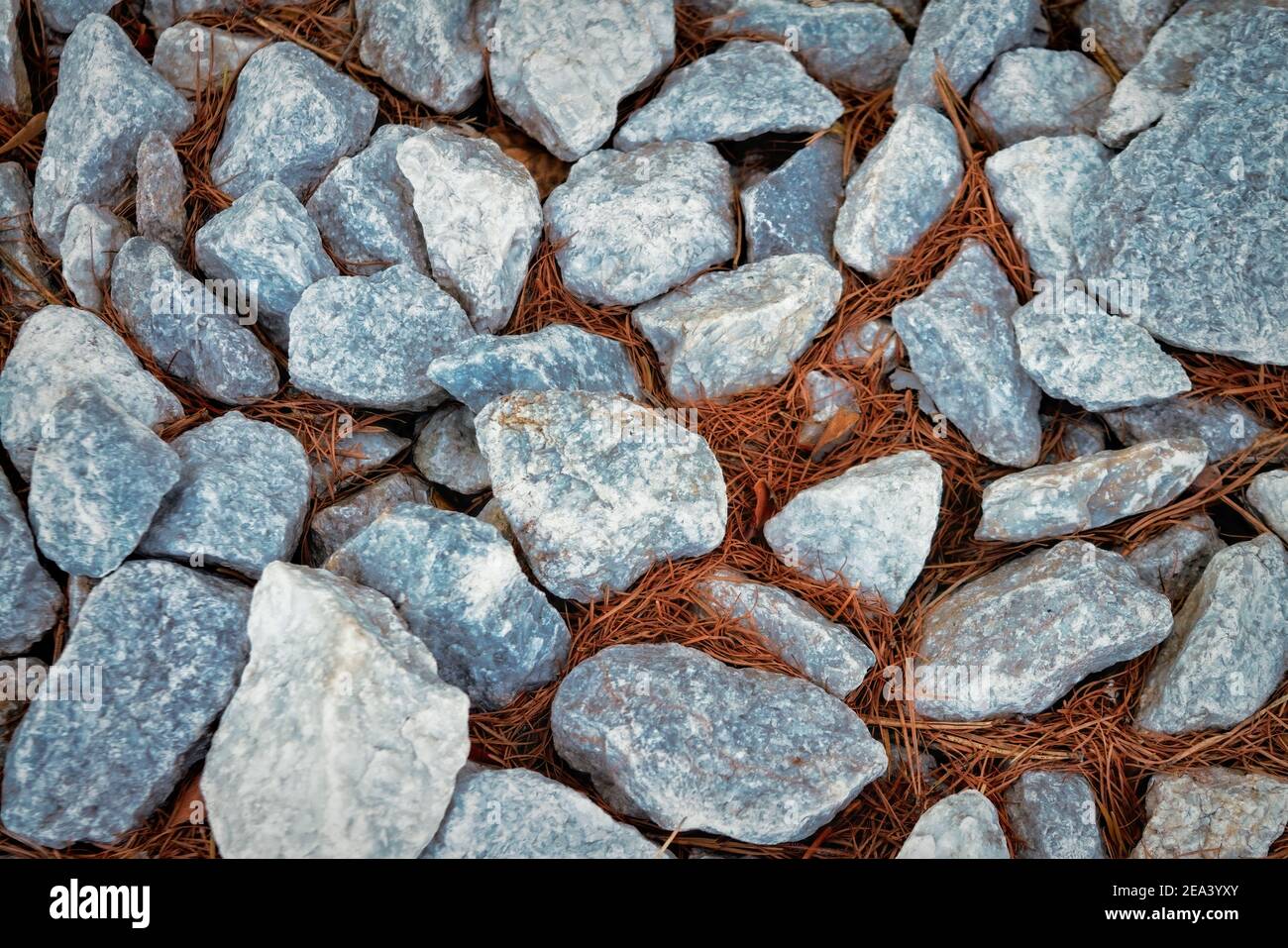 The texture of large rubble with dry yellowed needles between stones ...