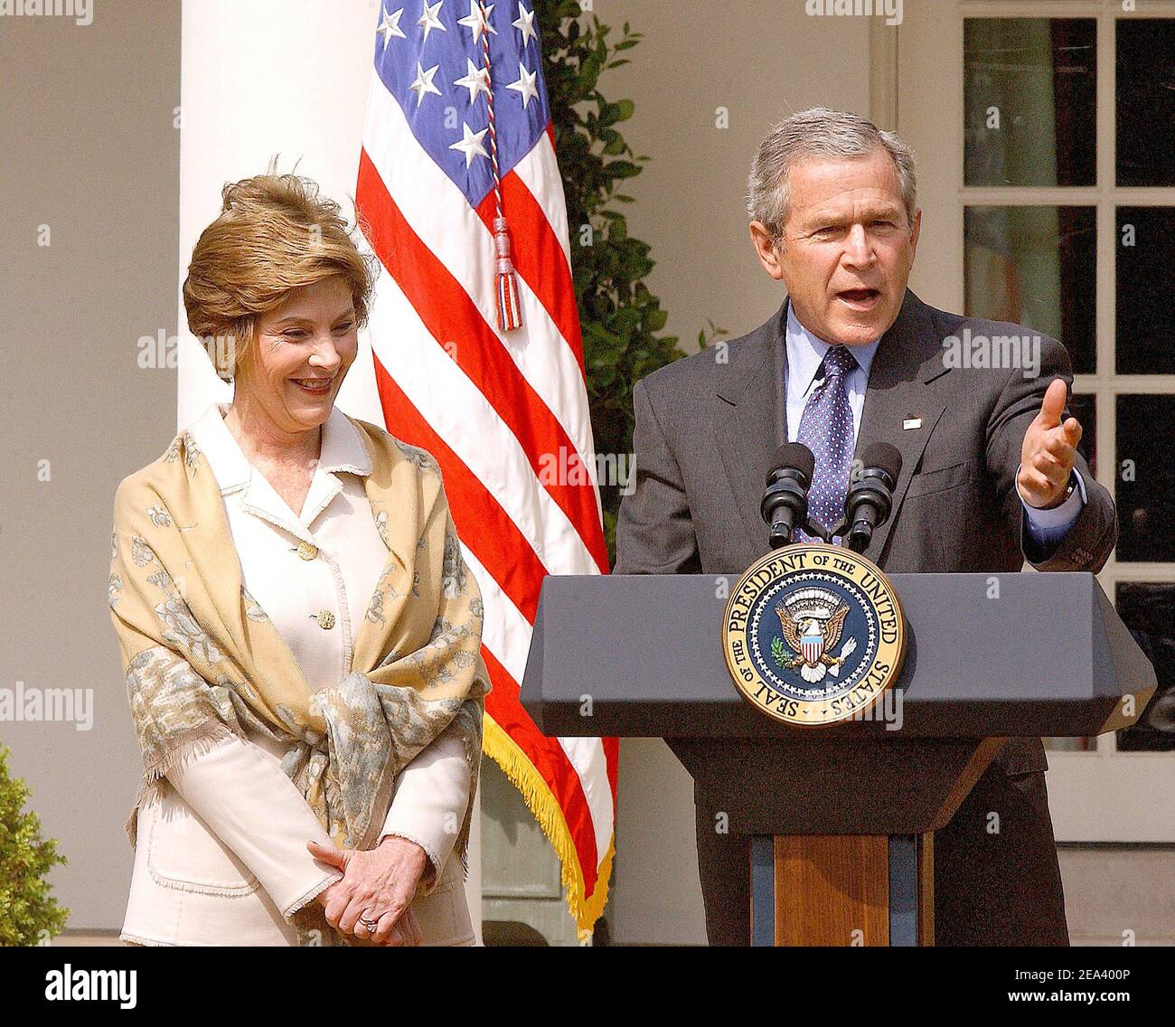 President George W Bush and First Lady Laura Bush deliver remarks at ...