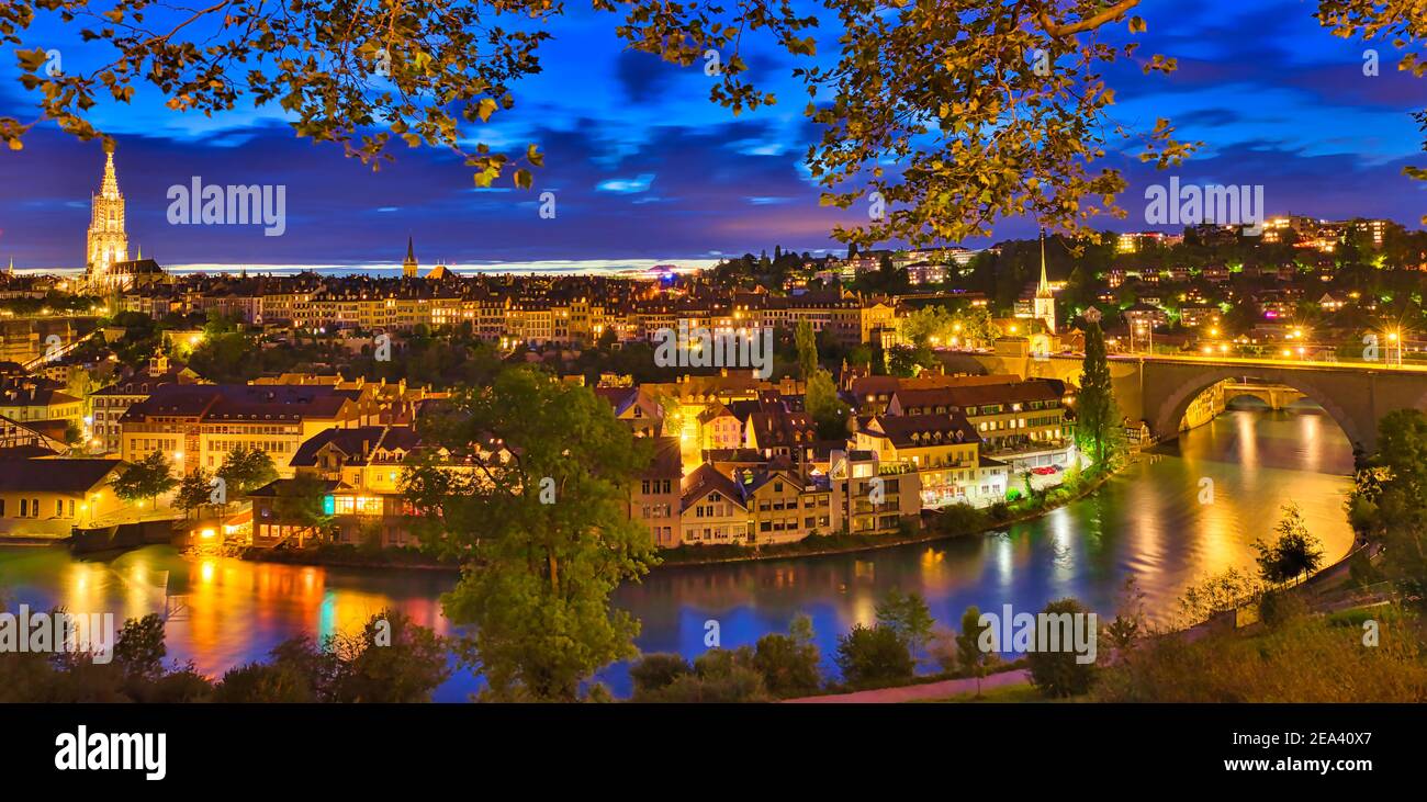 Panorama cityscape of old town of Bern with cathedral tower and ...