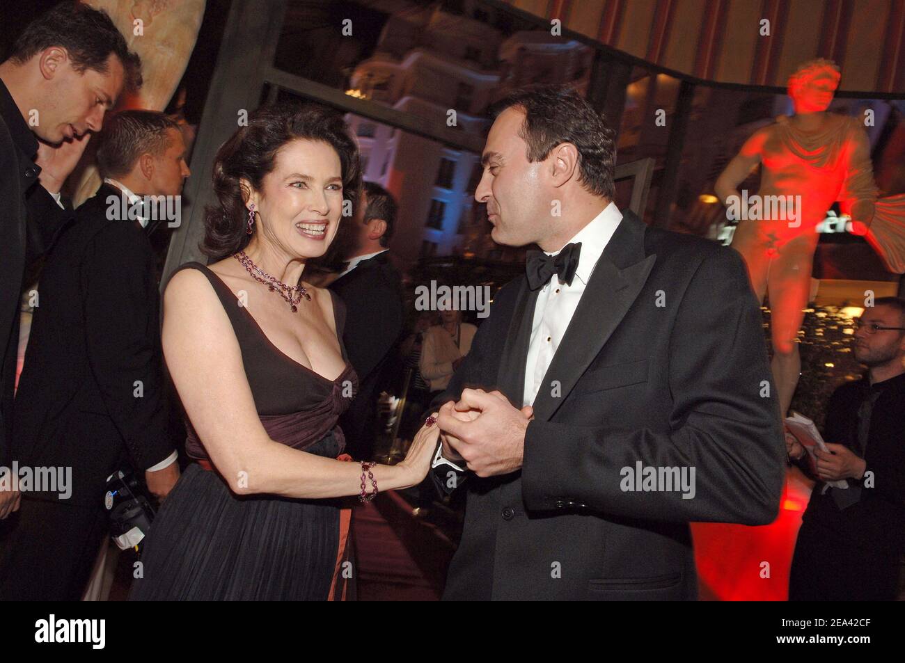 EXCLUSIVE. US actress Dayle Haddon is greeted by director of Boucheron ...