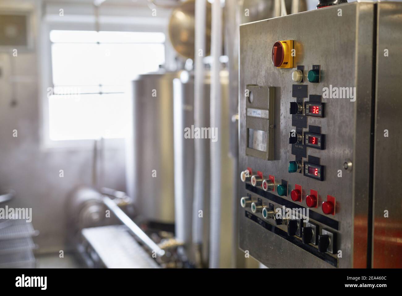 Background image of control panel with buttons and displays in workshop ...