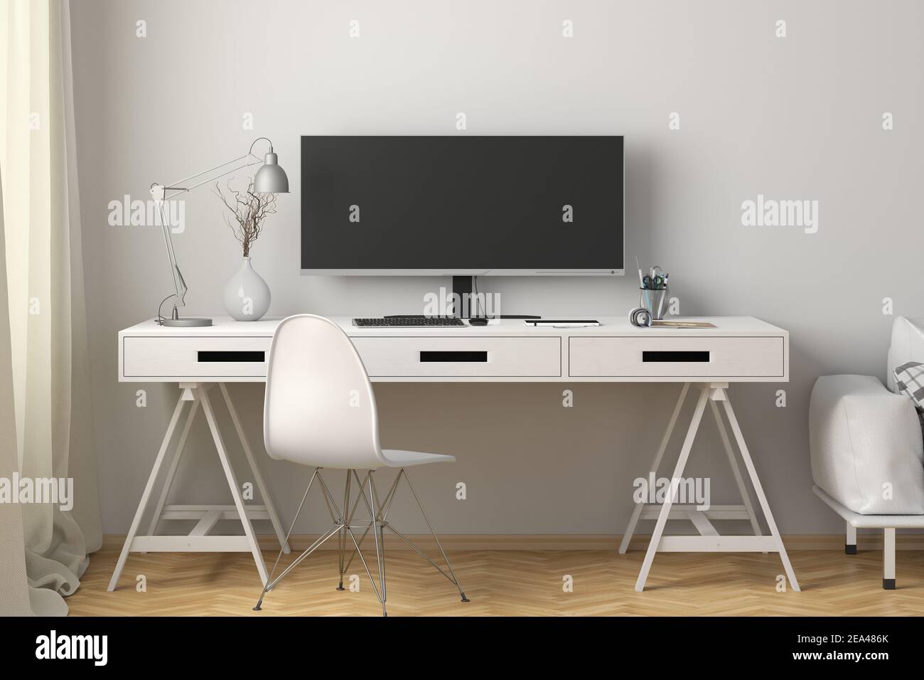 Wide screen display mock up. Workplace with white desk and wall. Front ...
