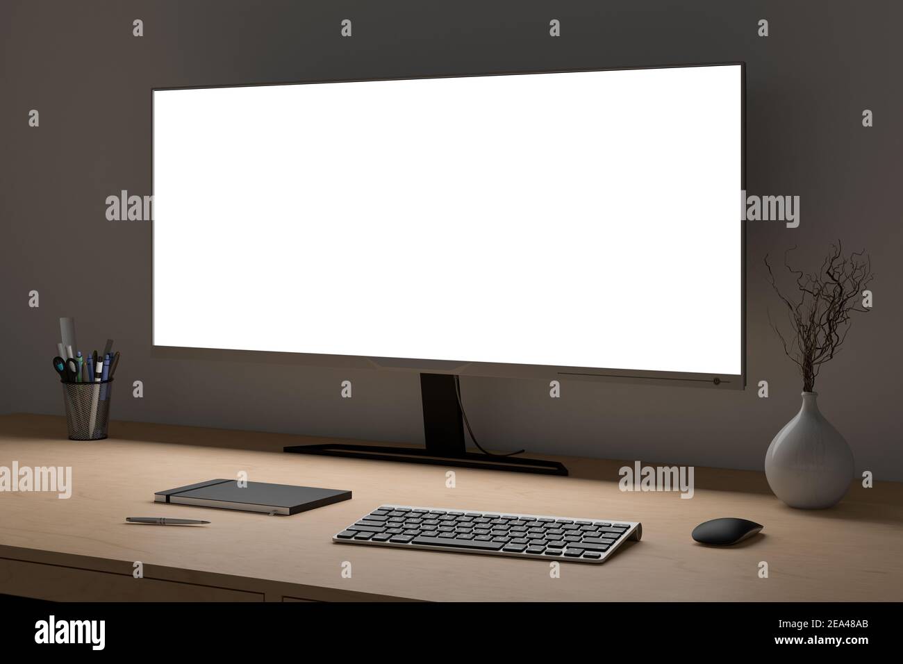 Glowing wide screen display mock up. Workspace at night with the wooden ...