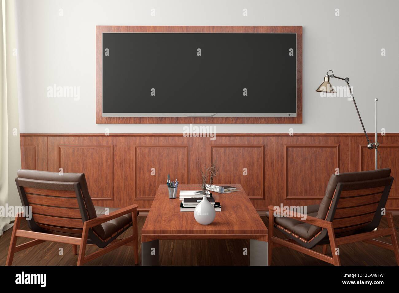 TV wide screen on the white wall in classic living room. Front view ...
