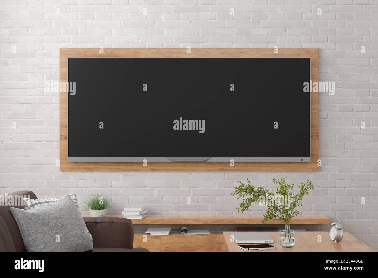 TV wide screen on the white brick wall. Front view Stock Photo - Alamy